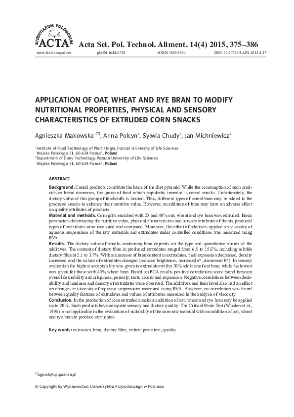 (PDF) Application of Oat, Wheat and Rye Bran to Modify Nutritional Properties, Physical and ...