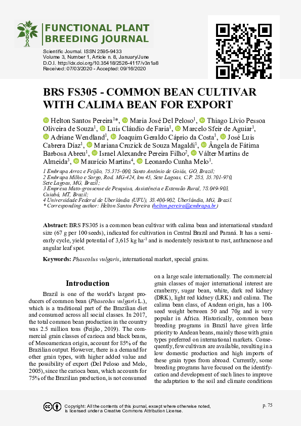 (PDF) BRS FS305 - Common Bean Cultivar with Calima Bean for Export