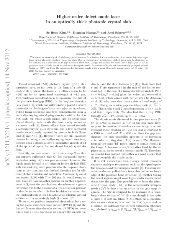 (PDF) Higher-order defect-mode laser in an optically thick photonic ...