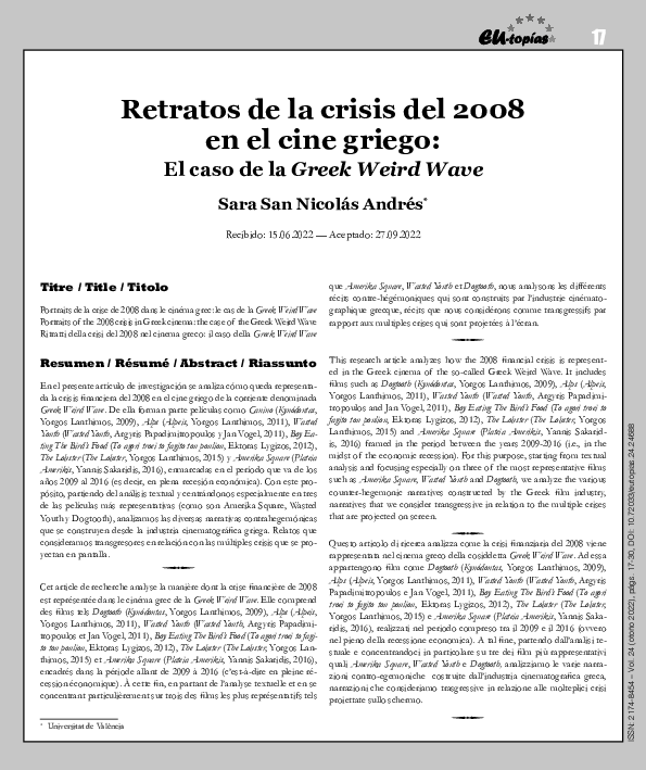 (PDF) Retratos de la crisis del 2008 en el cine griego: El caso de la ...