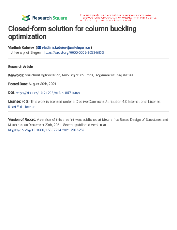 (PDF) Closed-form solution for column buckling optimization