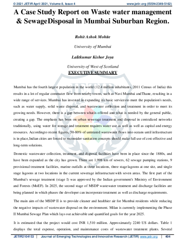 (PDF) A Case Study Report on Waste water management & Sewage Disposal ...