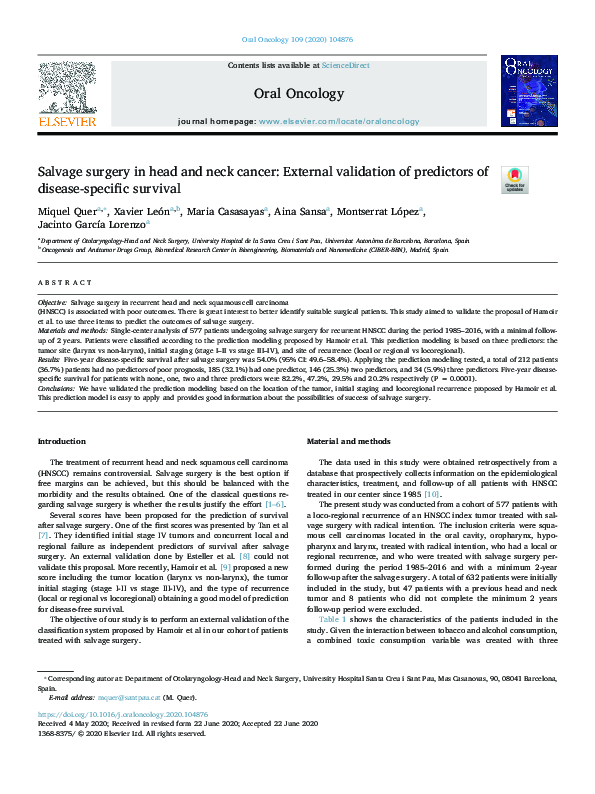 (PDF) Salvage surgery in head and neck cancer: External validation of ...
