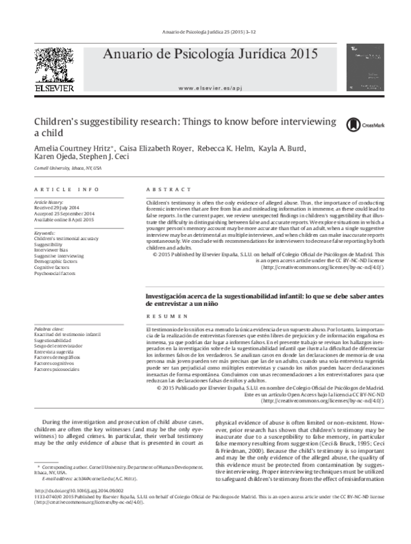 (PDF) Children's suggestibility research: Things to know before interviewing a child