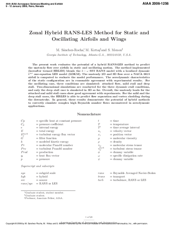 (PDF) Zonal Hybrid RANS-LES Method for Static and Oscillating Airfoils ...