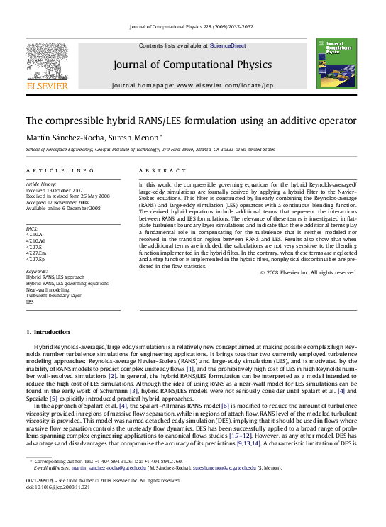 (PDF) The compressible hybrid RANS/LES formulation using an additive ...