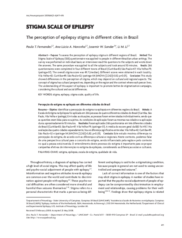 (PDF) Stigma scale of epilepsy: the perception of epilepsy stigma in different cities in Brazil