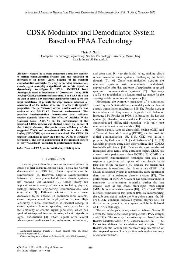 (PDF) CDSK Modulator and Demodulator System Based on FPAA Technology