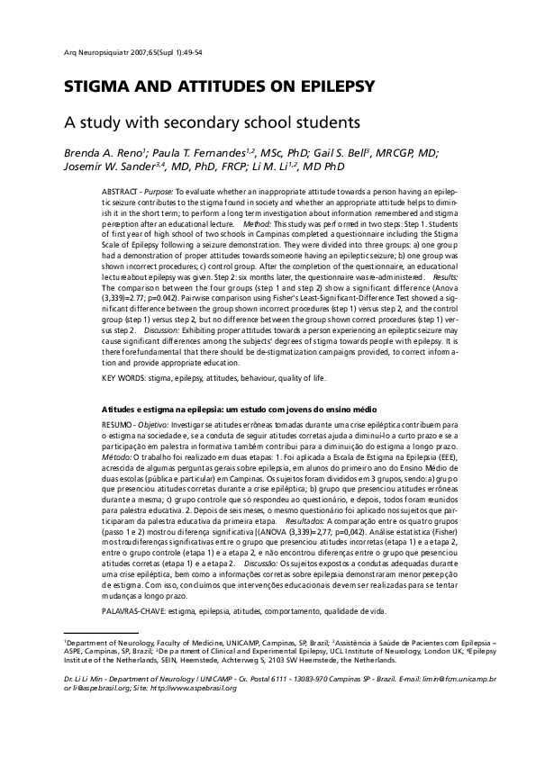 (PDF) Stigma and attitudes on epilepsy a study: with secondary school ...