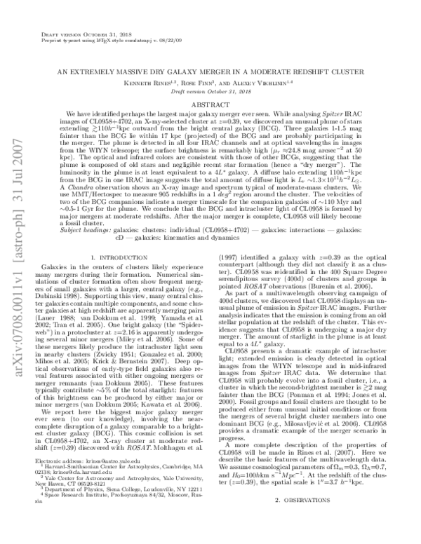 (PDF) An Extremely Massive Dry Galaxy Merger in a Moderate Redshift Cluster