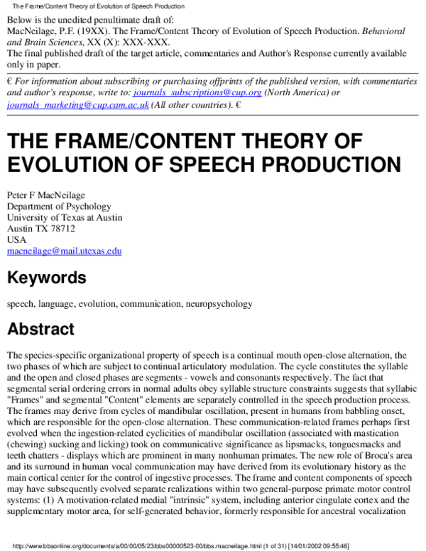 (PDF) The frame/content theory of evolution of speech production
