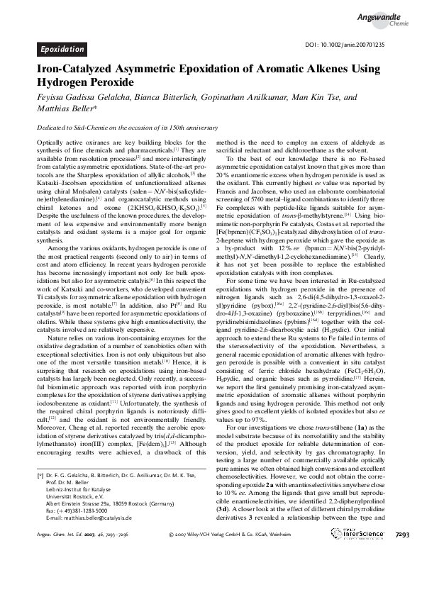 (PDF) Iron-Catalyzed Asymmetric Epoxidation of Aromatic Alkenes Using ...