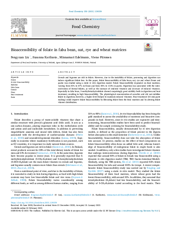 (PDF) Bioaccessibility of folate in faba bean, oat, rye and wheat matrices