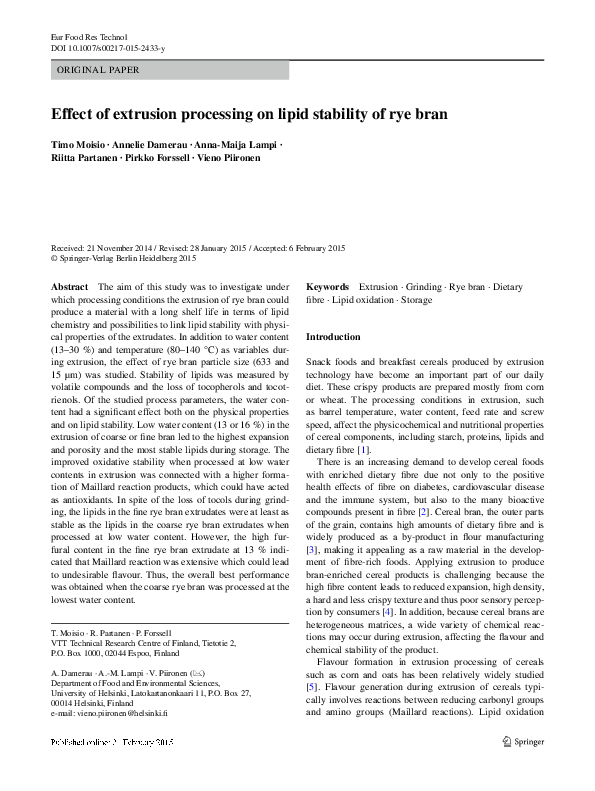 (PDF) Effect of extrusion processing on lipid stability of rye bran