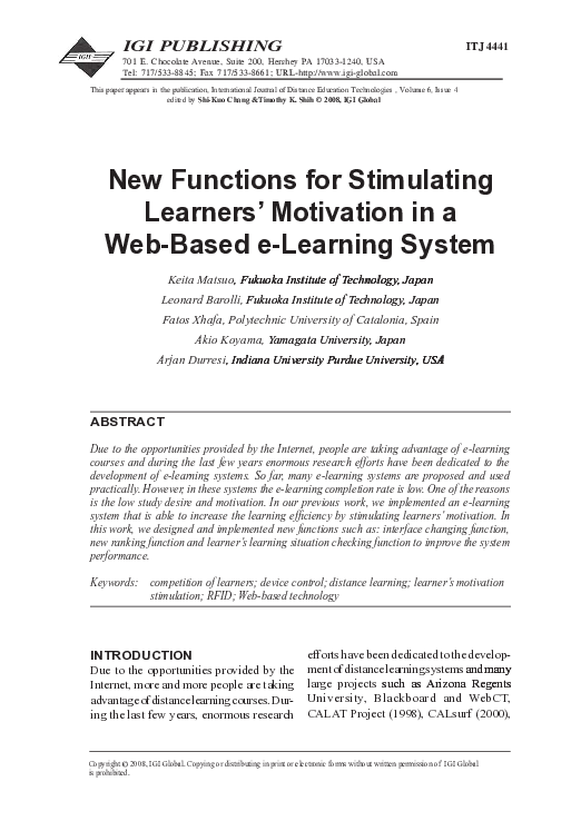 (PDF) New Functions for Stimulating Learners' Motivation in a Web-Based e-Learning System