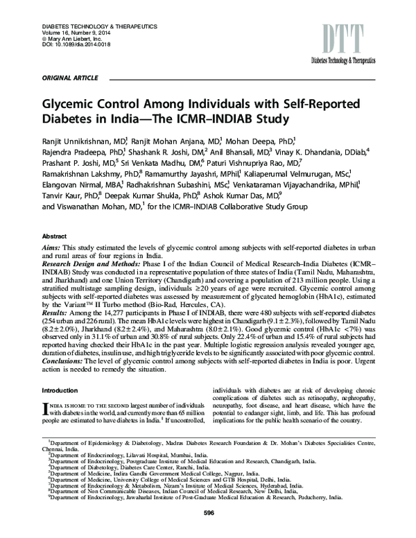 (PDF) Glycemic Control Among Individuals with Self-Reported Diabetes in ...