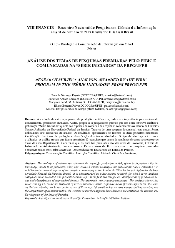 (PDF) Análise Dos Temas De Pesquisas Premiadas Pelo Pibic e Comunicadas ...