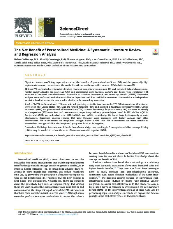(PDF) The Net Benefit of Personalized Medicine: A Systematic Literature Review and Regression ...