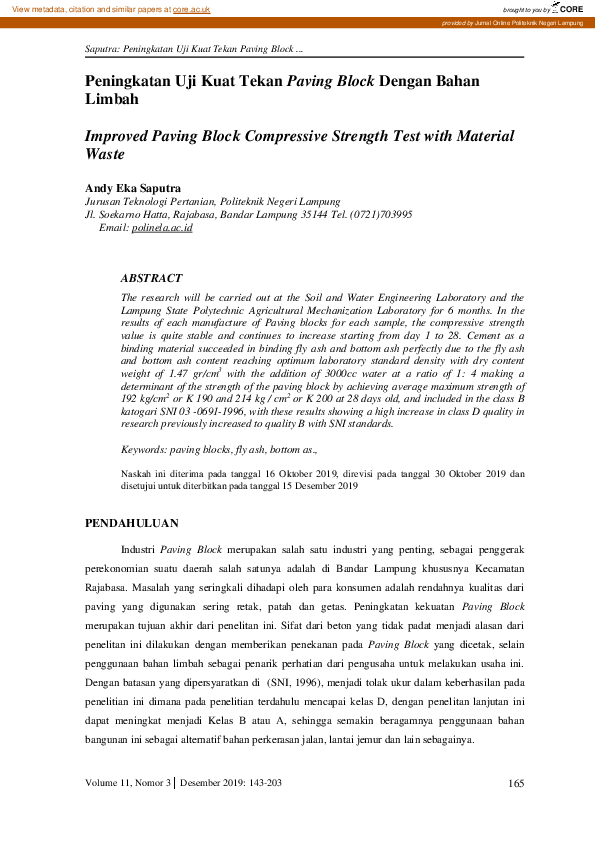 (PDF) Peningkatan Uji Kuat Tekan Paving Block Dengan Bahan Limbah