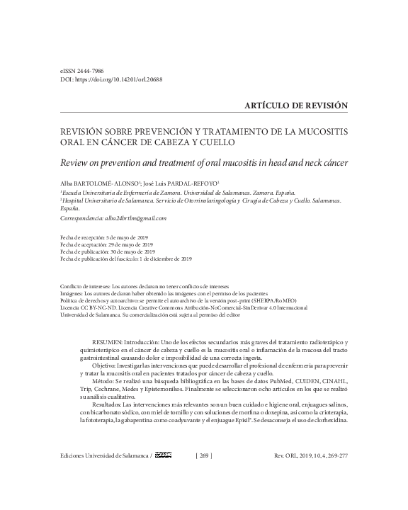 (PDF) Revisión sobre prevención y tratamiento de la mucositis oral en cáncer de cabeza y cuello