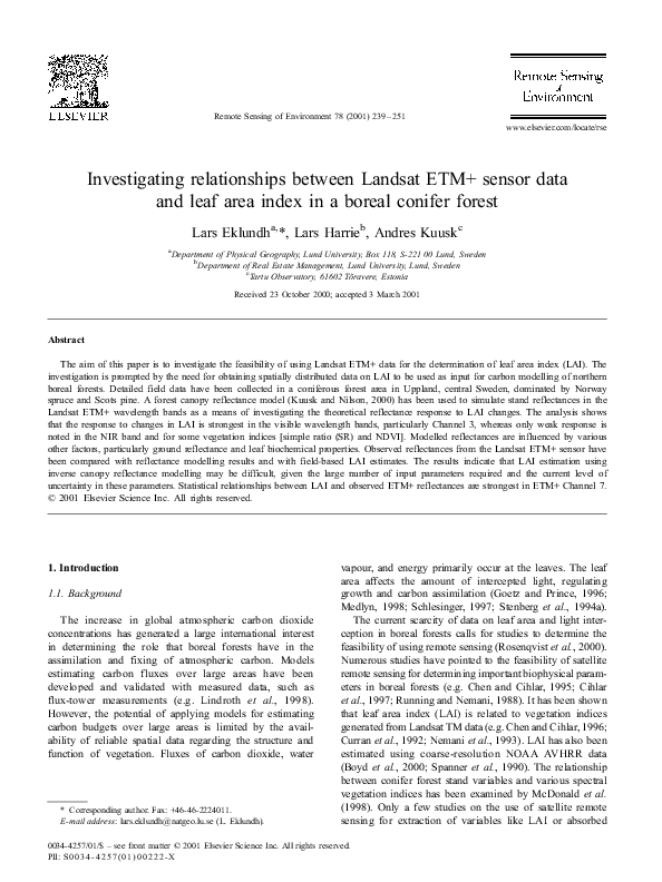 (PDF) Investigating relationships between Landsat ETM+ sensor data and leaf area index in a ...