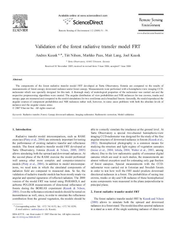 (PDF) Validation of the forest radiative transfer model FRT