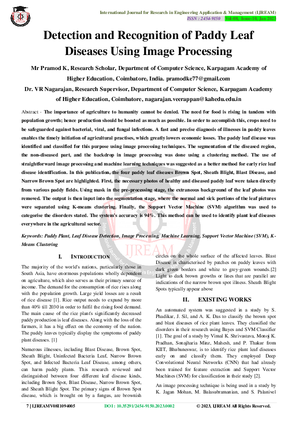 (PDF) Detection and Recognition of Paddy Leaf Diseases Using Image Processing