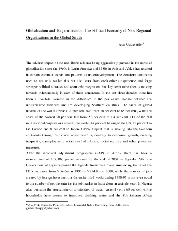 (PDF) Globalisation and Regionalisation: The Political Economy of New Regional Organisations in ...