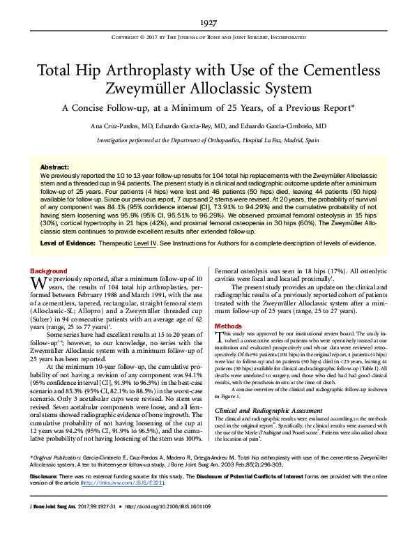(PDF) Total Hip Arthroplasty with Use of the Cementless Zweymüller ...