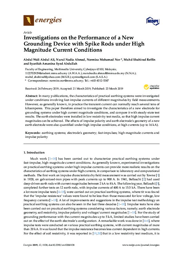 (PDF) Investigations on the Performance of a New Grounding Device with ...