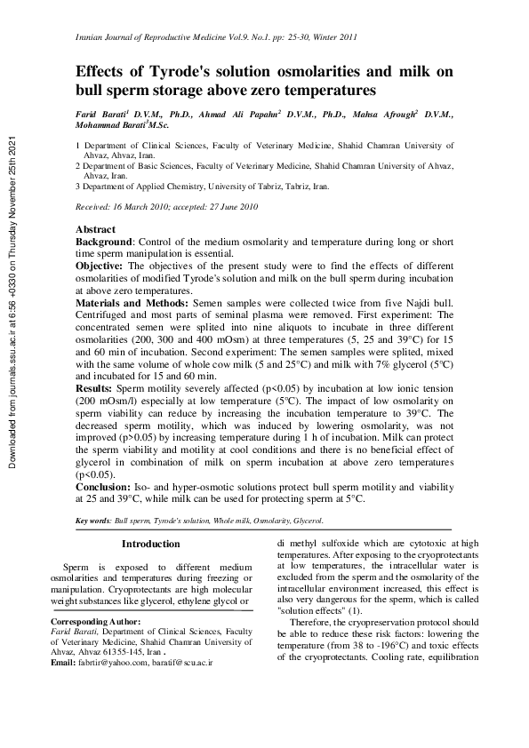 (PDF) Effects of Tyrode's solution osmolarities and milk on bull sperm ...