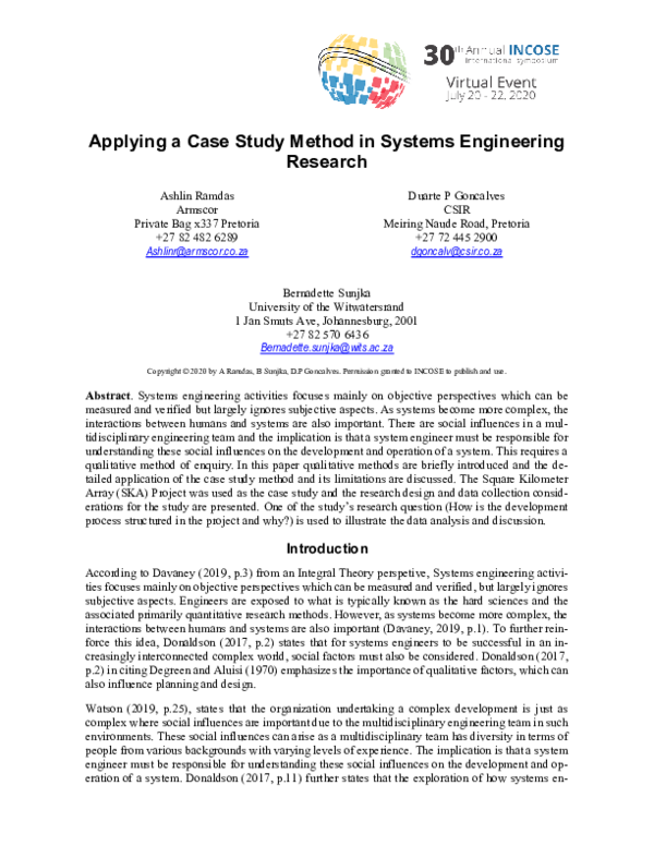 (PDF) Applying a Case Study Method in Systems Engineering Research