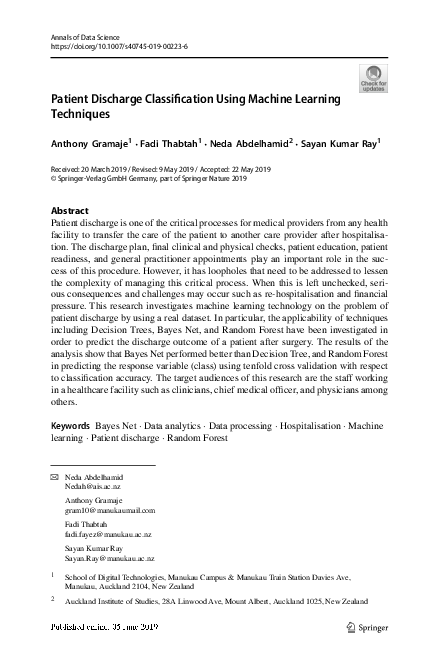 (PDF) Patient Discharge Classification Using Machine Learning Techniques
