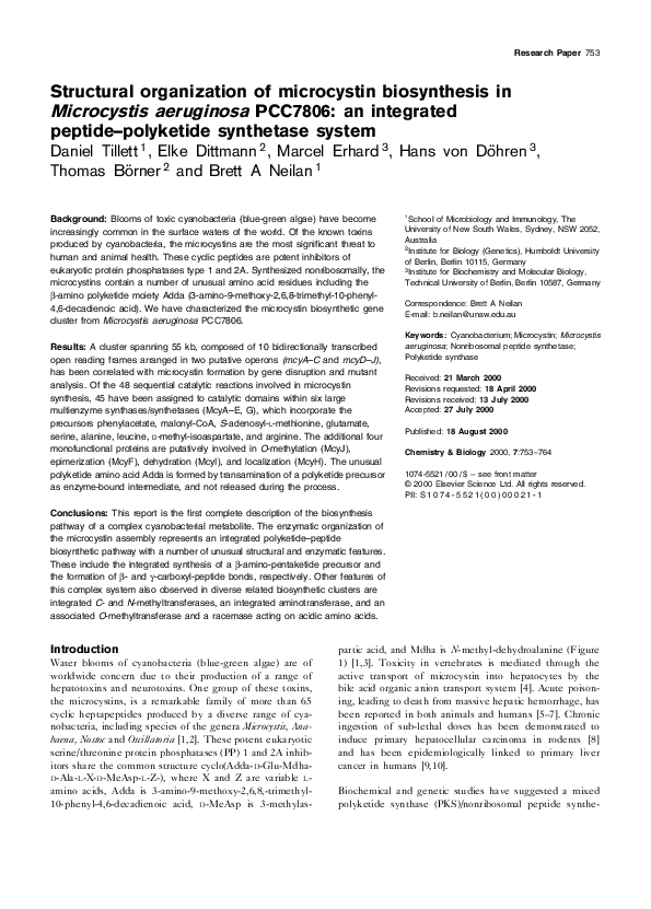 (PDF) Structural organization of microcystin biosynthesis in Microcystis aeruginosa PCC7806: an ...