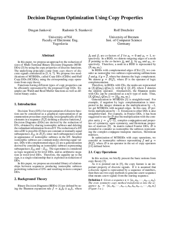 (PDF) Decision diagram optimization using copy properties