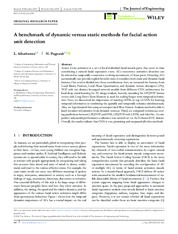 Pdf A Benchmark Of Dynamic Versus Static Methods For Facial Action Unit Detection
