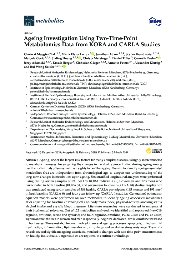 (PDF) Ageing Investigation Using Two-Time-Point Metabolomics Data from ...