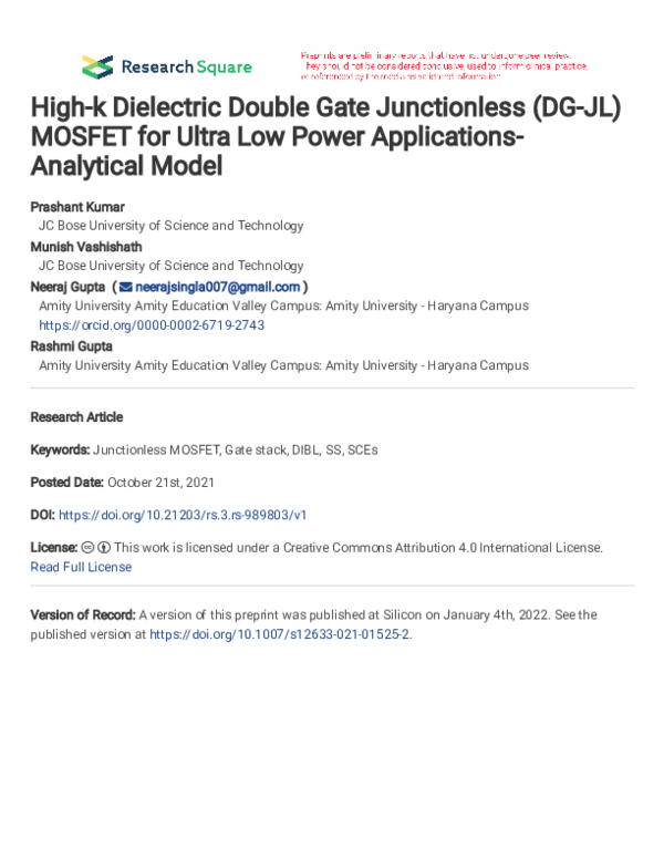 (PDF) High-k Dielectric Double Gate Junctionless (DG-JL) MOSFET for Ultra Low Power Applications ...
