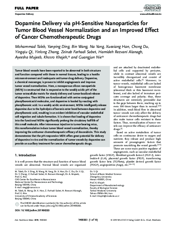 (PDF) Dopamine Delivery via pH‐Sensitive Nanoparticles for Tumor Blood ...