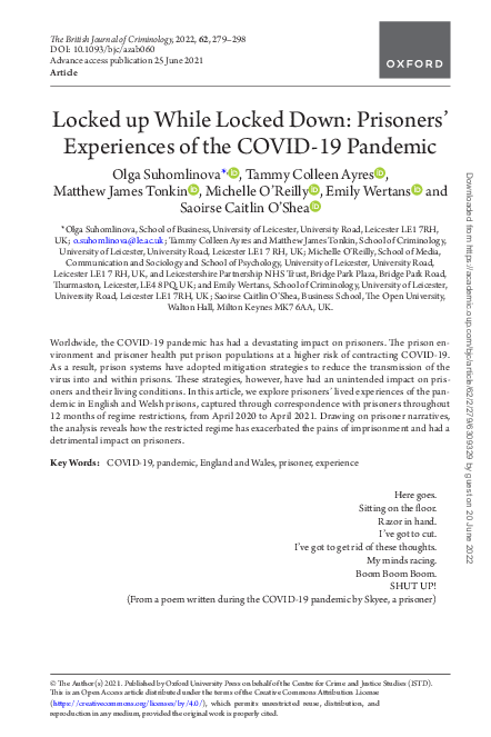 (PDF) Locked up While Locked Down: Prisoners’ Experiences of the COVID ...