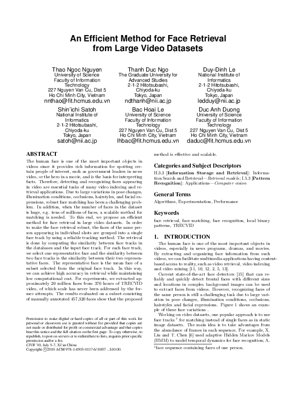 (PDF) An efficient method for face retrieval from large video datasets | thao nguyen - Academia.edu