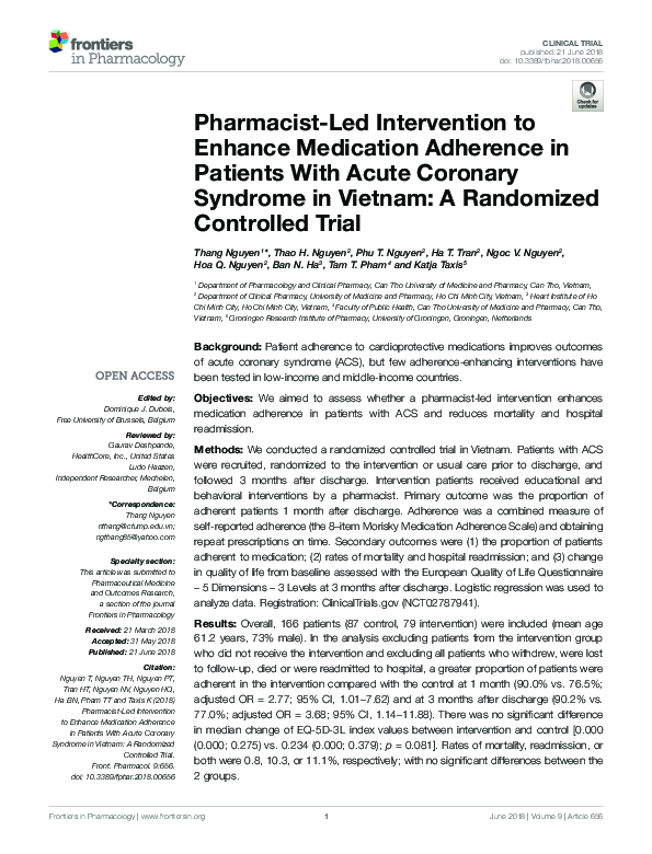 (PDF) Pharmacist-Led Intervention to Enhance Medication Adherence in Patients With Acute ...