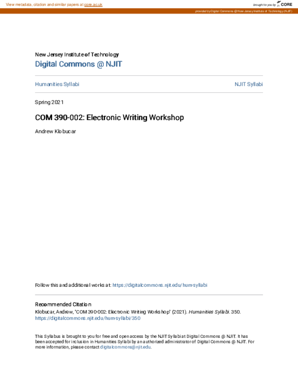 (PDF) COM 390-002: Electronic Writing Workshop | Andrew Klobucar ...
