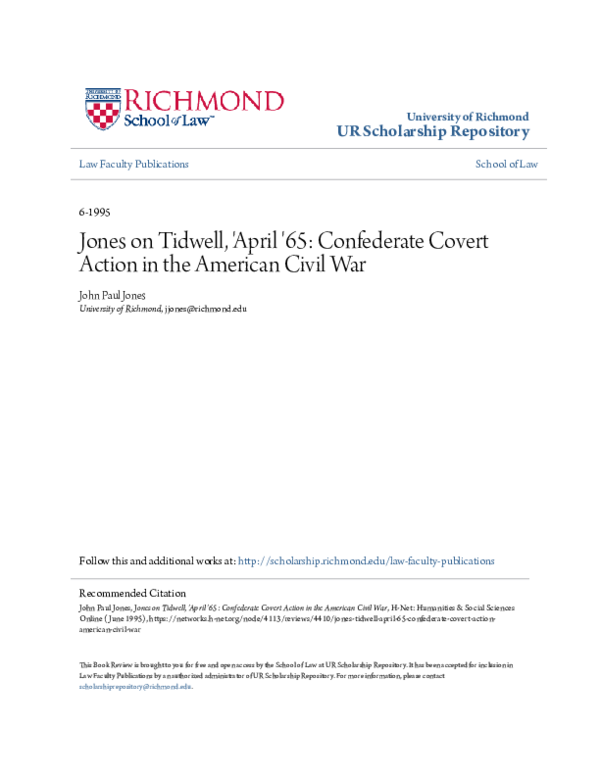 (PDF) Jones on Tidwell, 'April '65: Confederate Covert Action in the ...