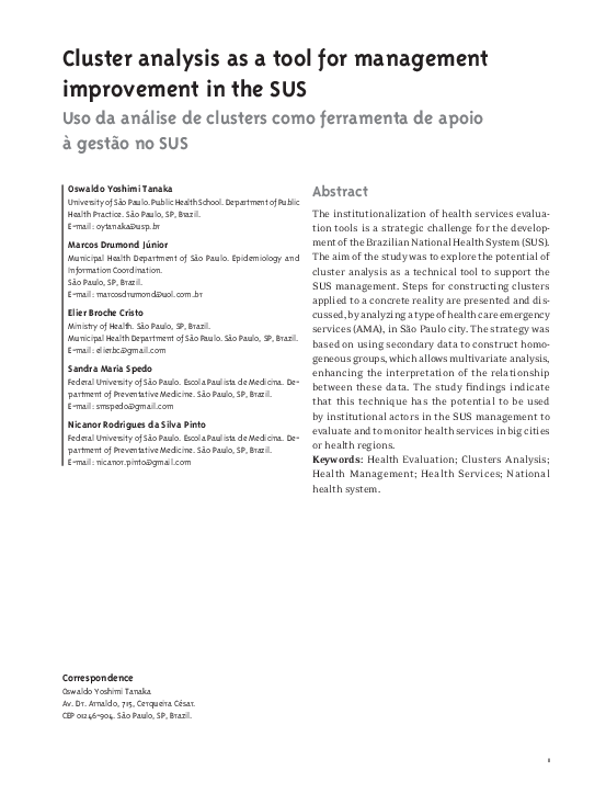 (PDF) Uso da análise de clusters como ferramenta de apoio à gestão no SUS