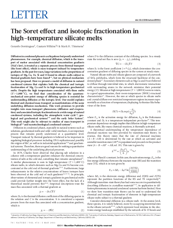 (PDF) The Soret effect and isotopic fractionation in high-temperature ...