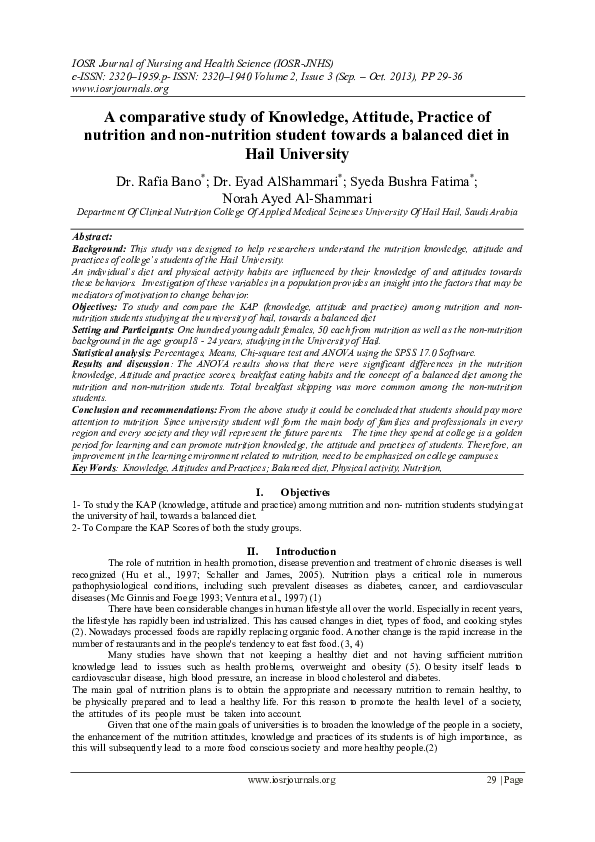 (PDF) A comparative study of Knowledge, Attitude, Practice of nutrition and non-nutrition ...