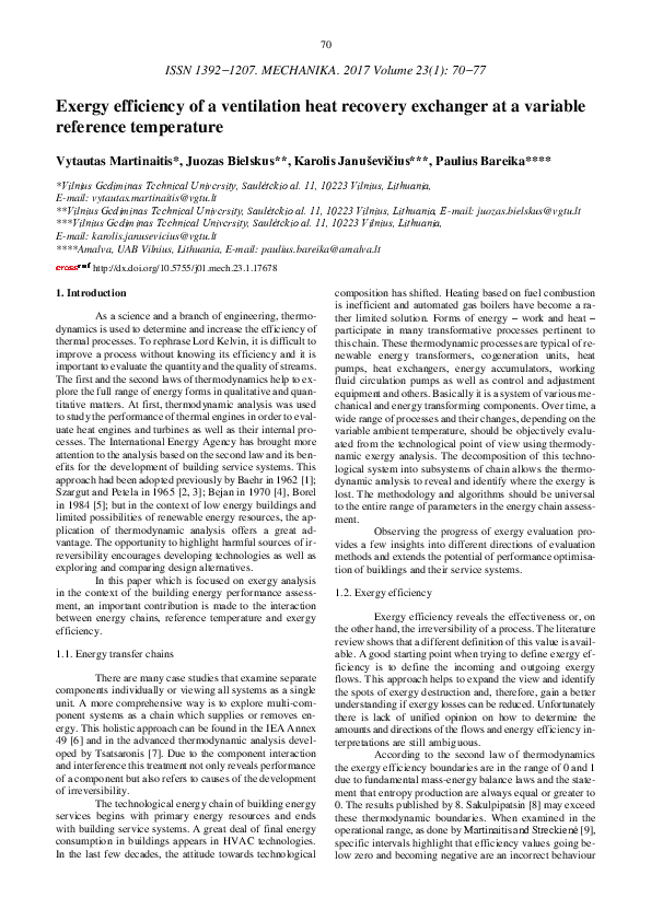 (PDF) Exergy efficiency of a ventilation heat recovery exchanger at a variable reference temperature