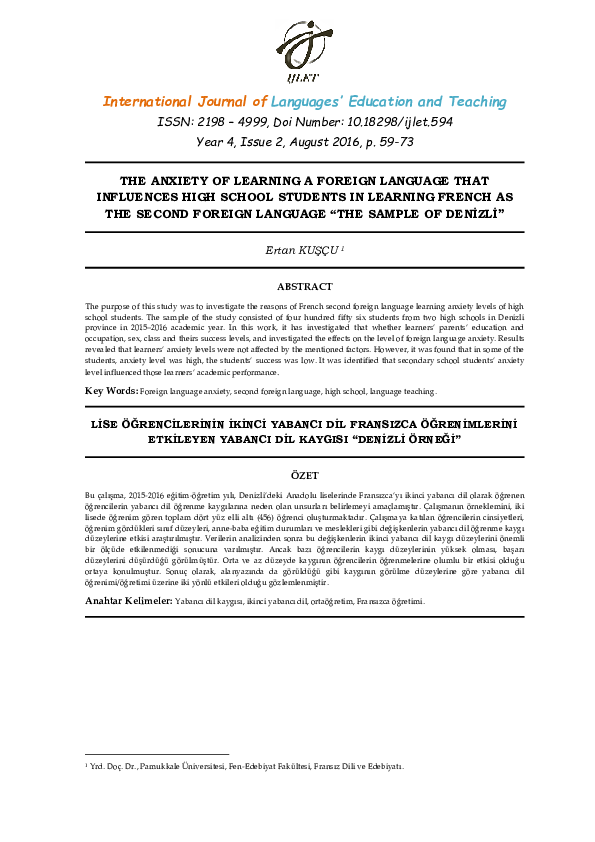 (PDF) The Anxiety of Learning a Foreign Language That Influences High School Students in ...