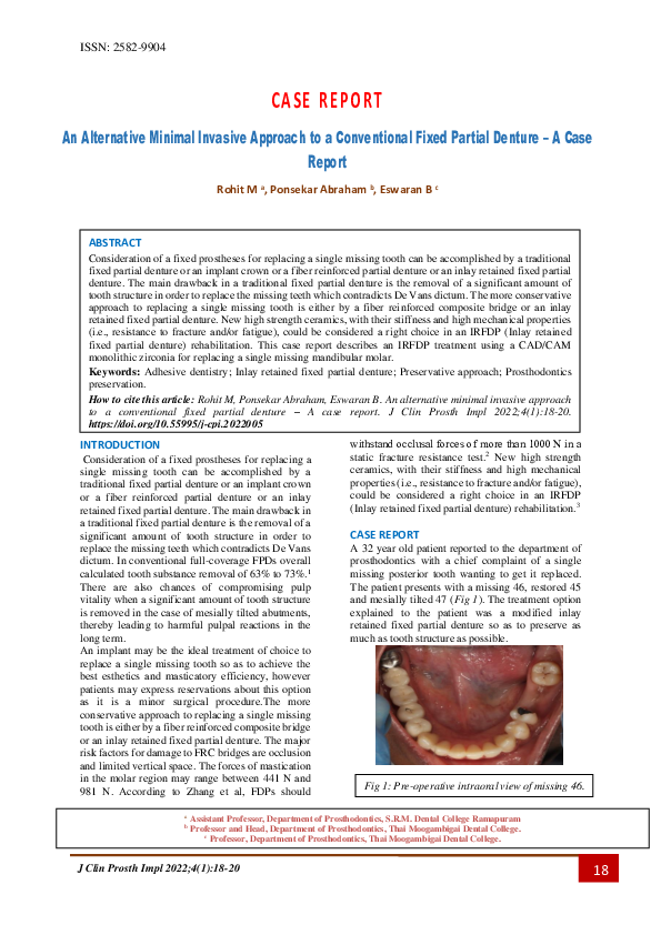 (PDF) An Alternative Minimal Invasive Approach to a Conventional Fixed ...